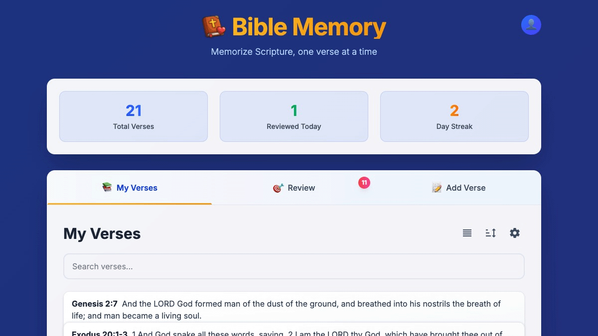 Bible Memory - Digital Flashcards with Spaced Repetition